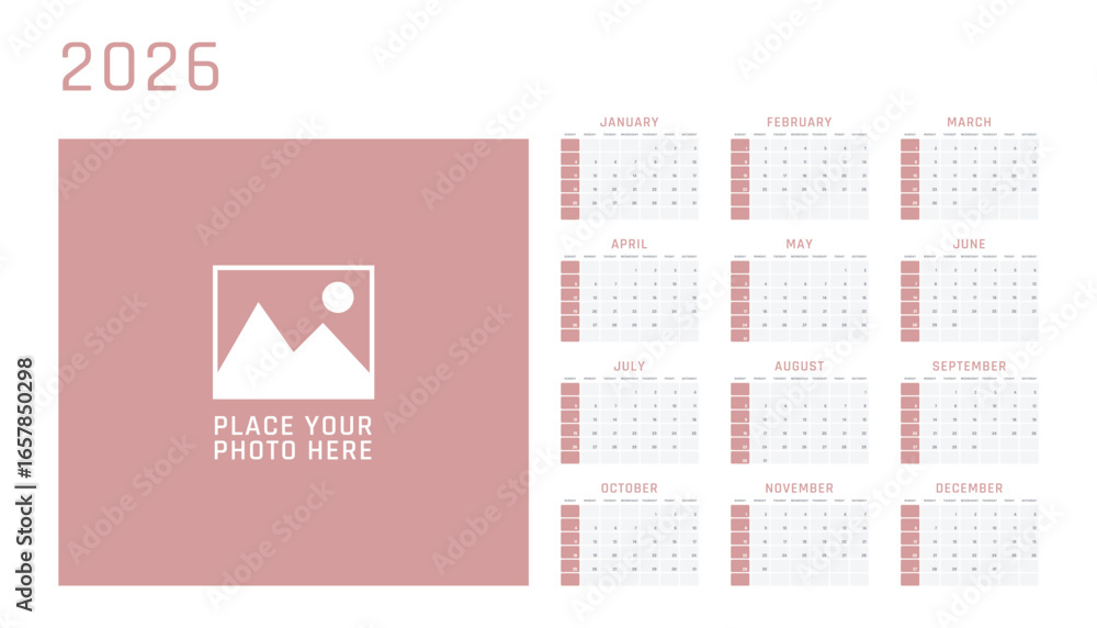 calendar for 2026 starts sunday, vector calendar design 2026 year Stock ...