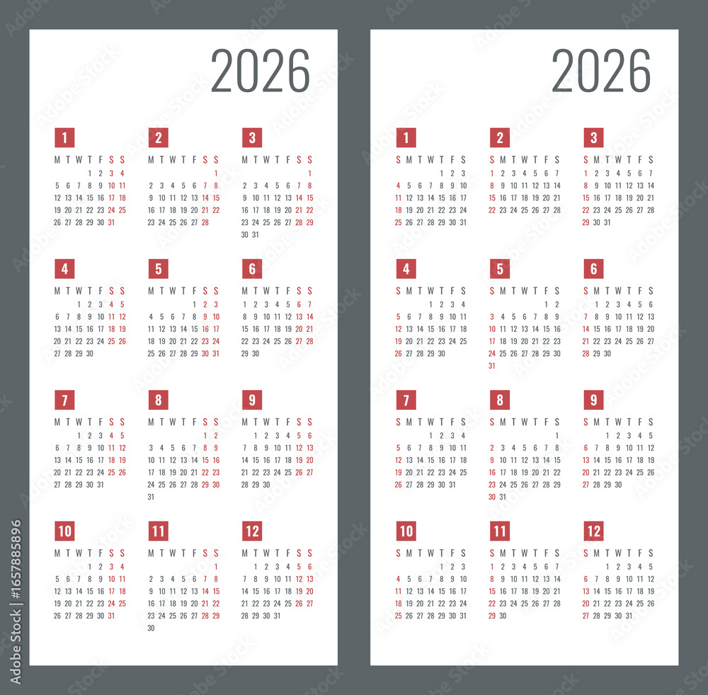 Vector de Stock calendar for 2026 starts sunday and monday, vector ...