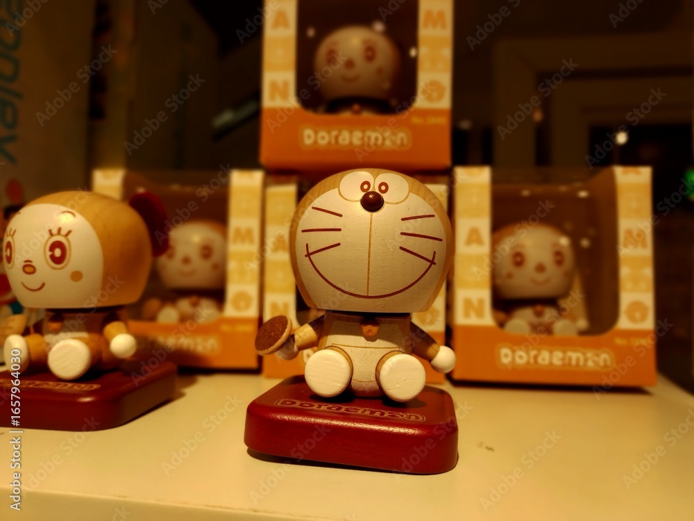 Taiwan, Taipei City – July 18, 2022: Wooden Doraemon doll displayed and ...