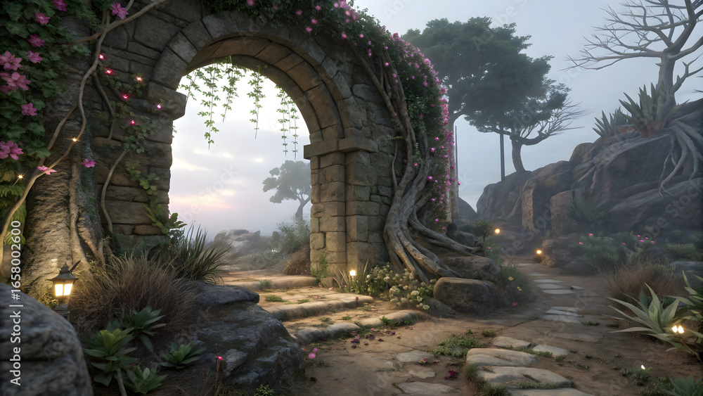 Mystical ancient stone archway, overgrown with vines and flowers ...