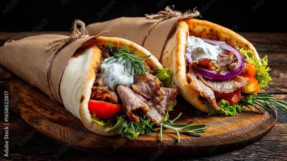 Delicious gyros overflowing with tender meat, fresh lettuce, tomato ...