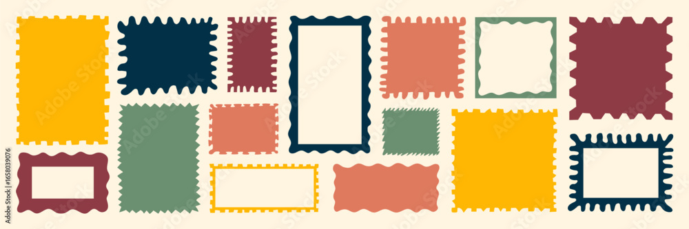 Colorful retro postage stamp shapes with decorative borders in various ...