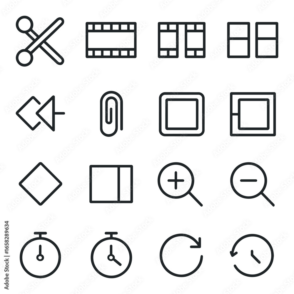 Linear media and editor tools icons set featuring cut, video, trim ...