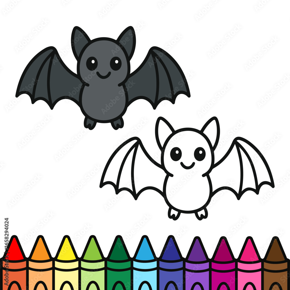 Cute cartoon bat coloring page featuring two versions: one filled with ...