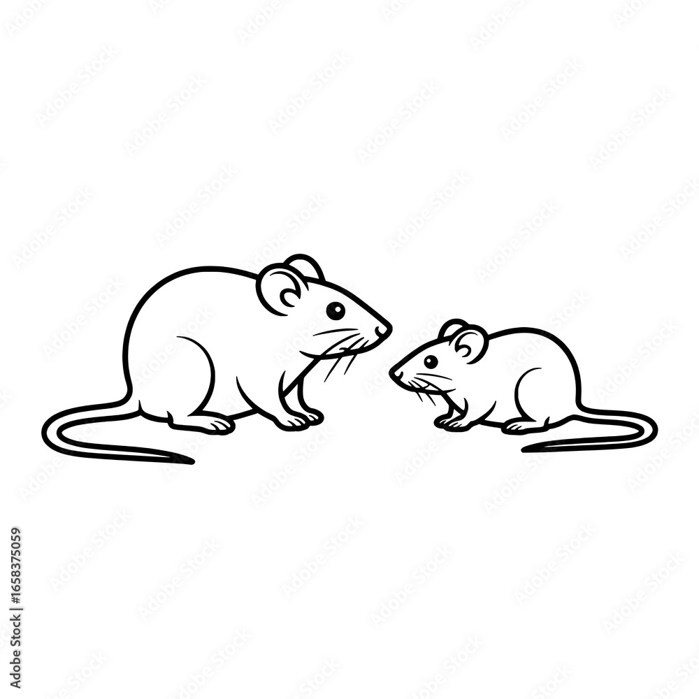 Two Mice Illustration: Adult and Baby Mouse in Black Outline on White ...