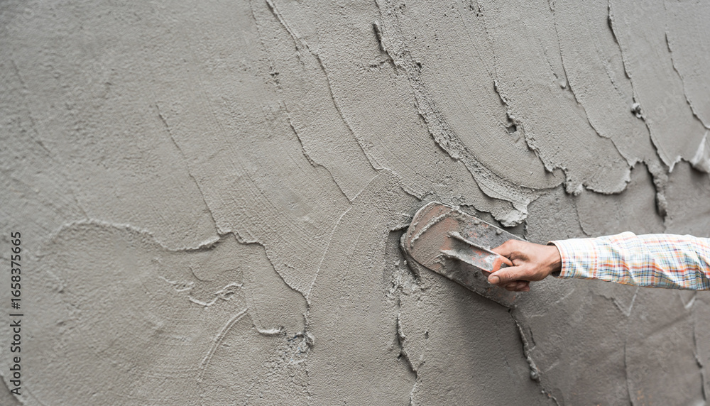 Hand plaster plastering Cement wall background with Rough wet concrete ...