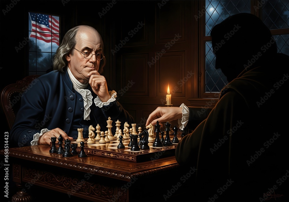 American Chess Day Founding Father Benjamin Franklin plays a tense game ...