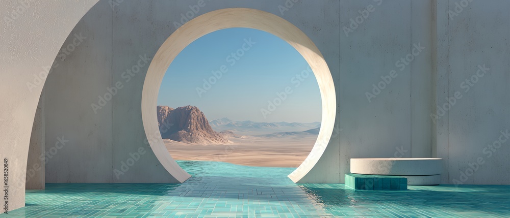 Large circular opening in a wall with a view of mountains and a blue ...