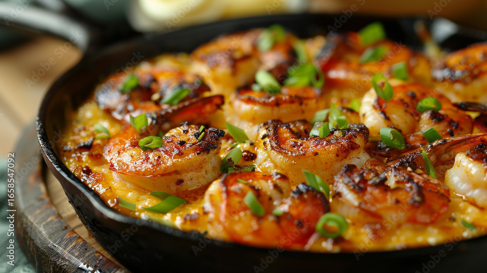 Stock-Foto „Southern shrimp and grits with creamy cheese grits, seared ...