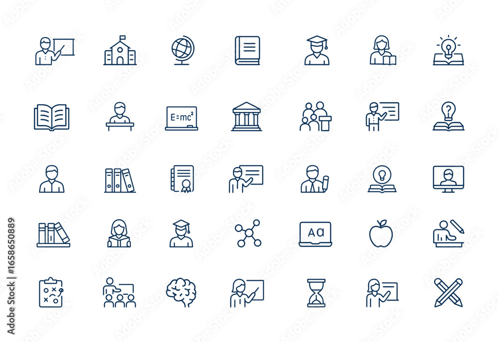 Vetor Linear style outline icons set featuring education, teaching ...
