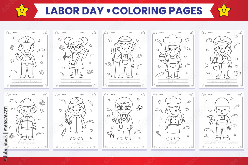 Labor Day Community Helpers Coloring Pages with Handwriting 10 Jobs ...