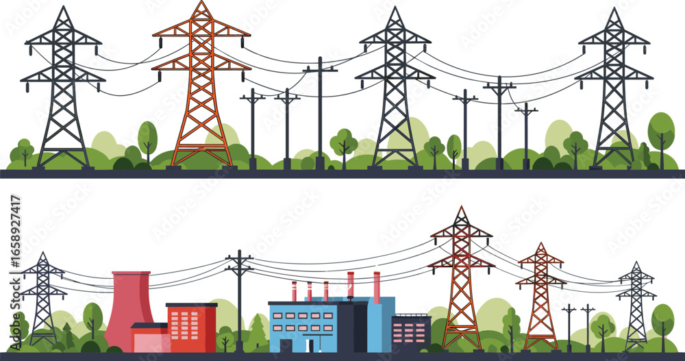 High voltage power lines, industrial buildings, energy infrastructure ...