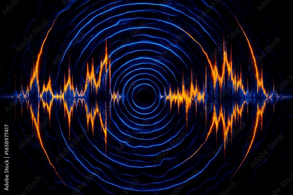 Vibrant sound wave visualization with concentric blue ripples on a dark ...