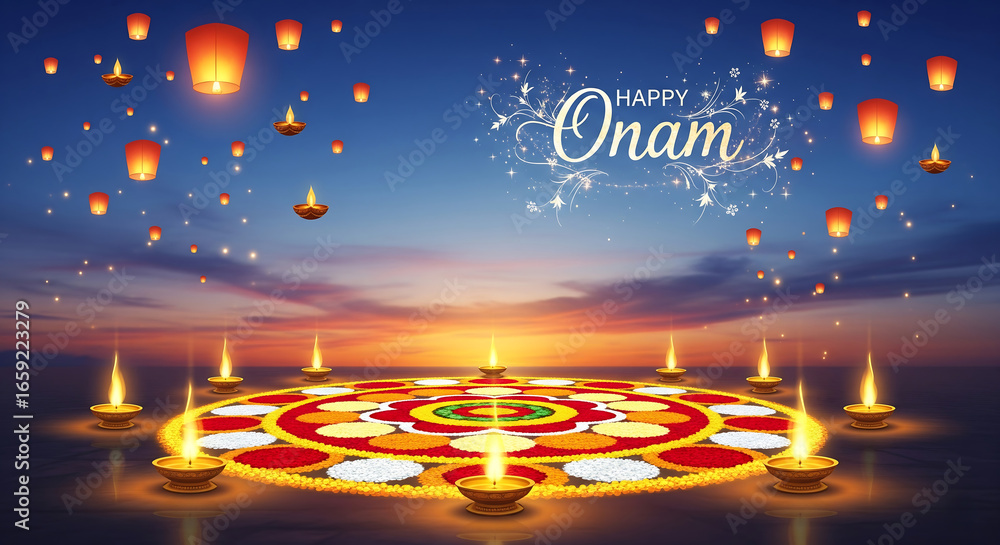 Happy Onam celebration with traditional floral rangoli, lit diyas, and ...