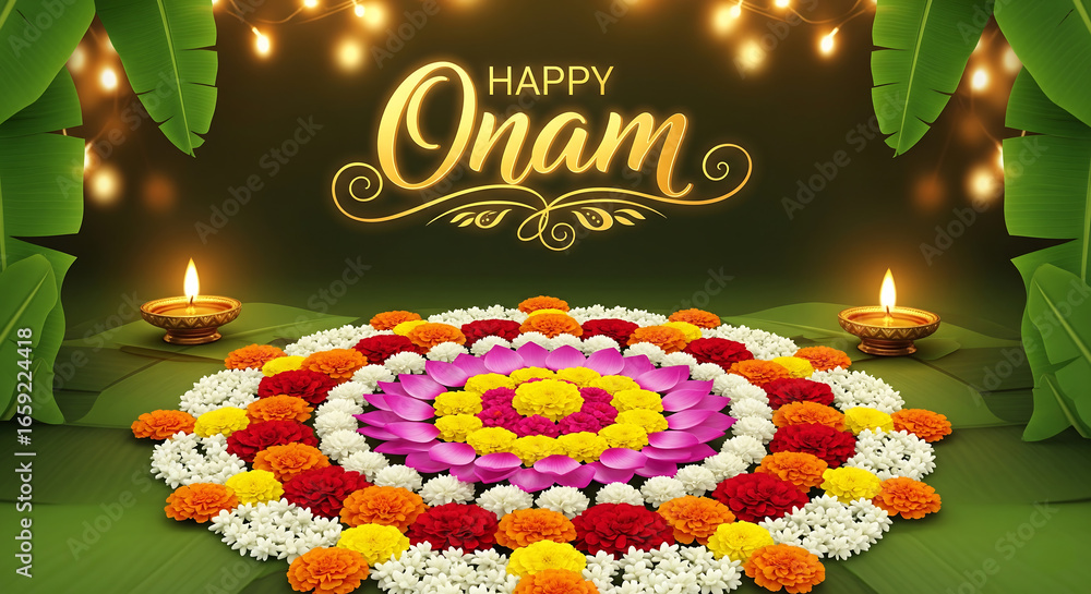 Happy Onam vector illustration with traditional Pookalam floral ...