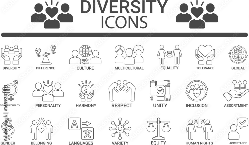 Diversity Line art icon set. Containing equality, culture, languages ...