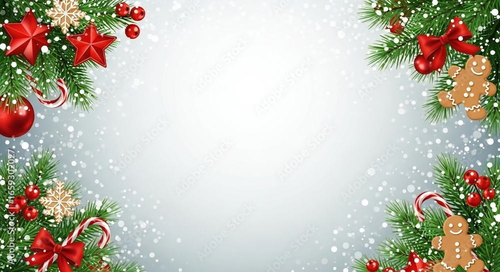 Festive Christmas corner border with evergreen branches, ornaments ...
