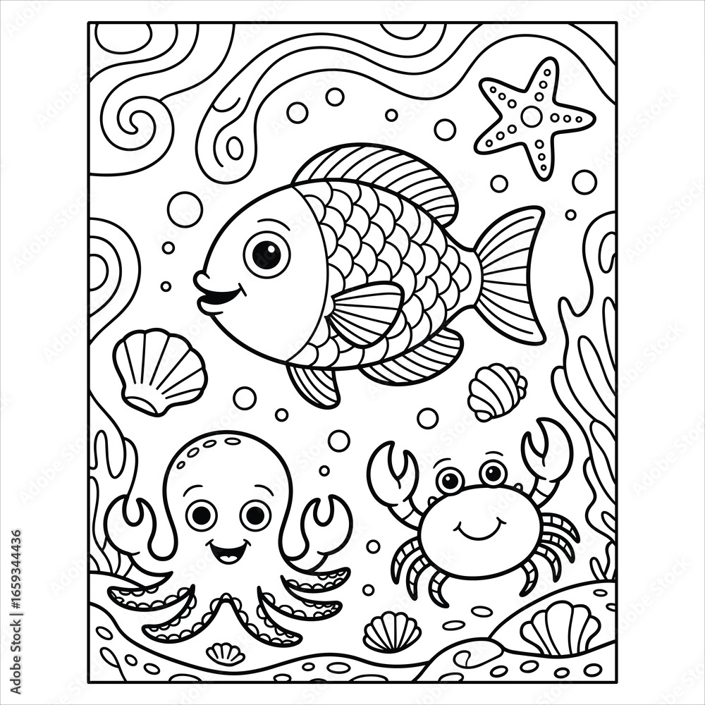 Cute Sea Animals Coloring Page Vector Illustration Stock Vector | Adobe ...