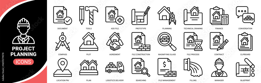 Stock-Vektorgrafik „Project planning icon set. Containing icon of ...