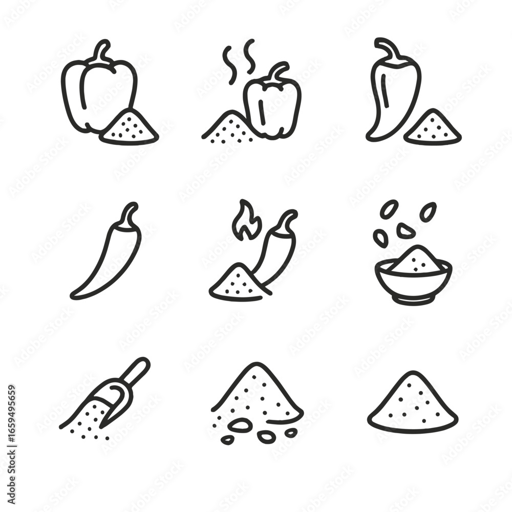Paprika Icons Grid. Outline icon set of paprika types: sweet paprika ...