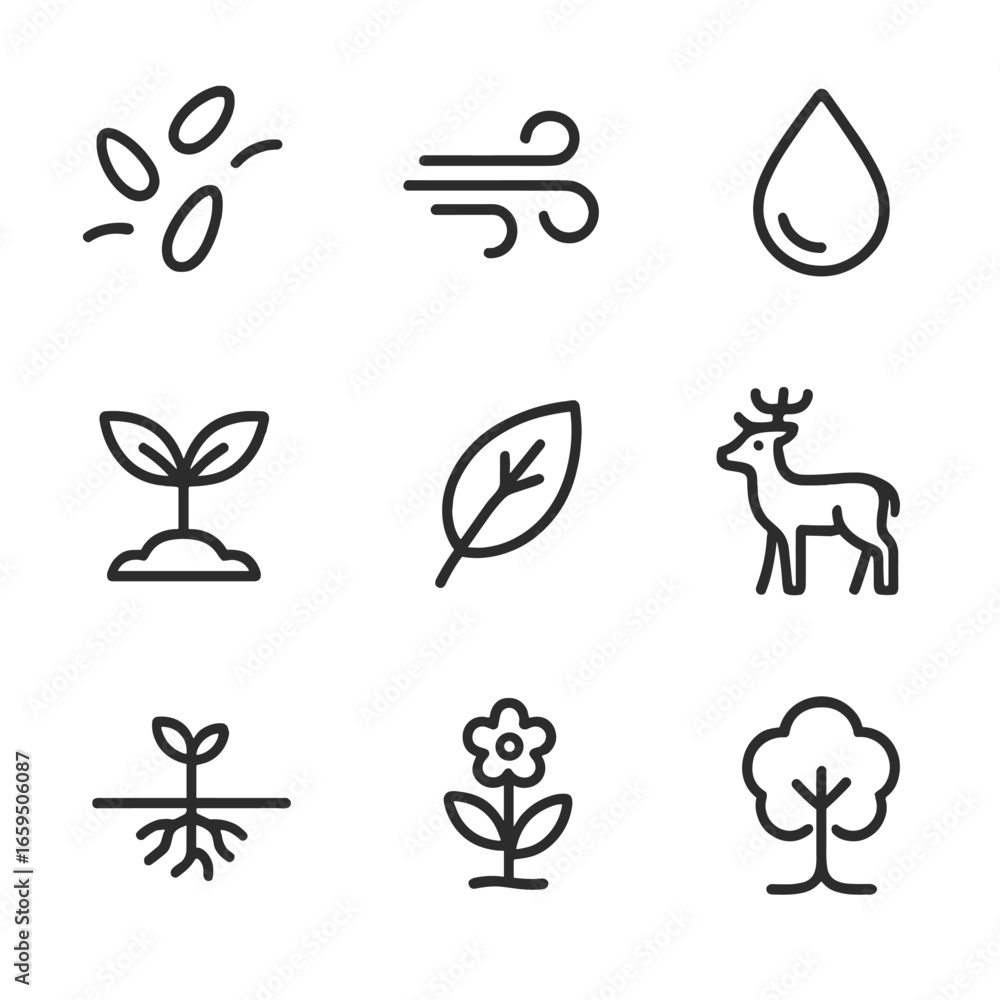 Plant Migration Icons. Outline icon set of plant migration: seed ...