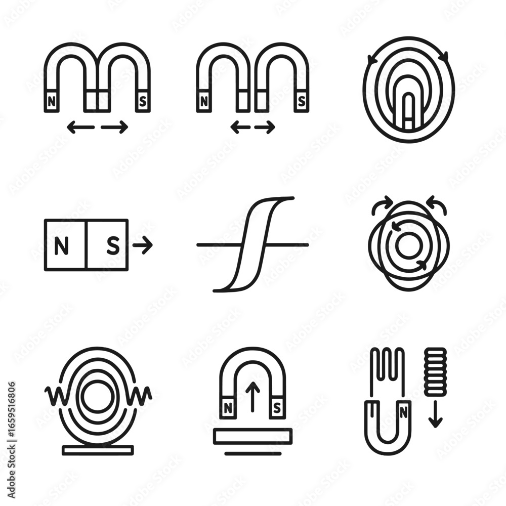 Magnetic Phenomena Icons. Outline icon set of magnetic phenomena ...