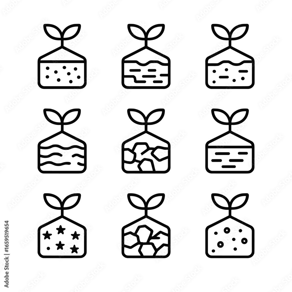 Soil Types Icons. Outline icon set of soil types: sandy soil, clay soil ...