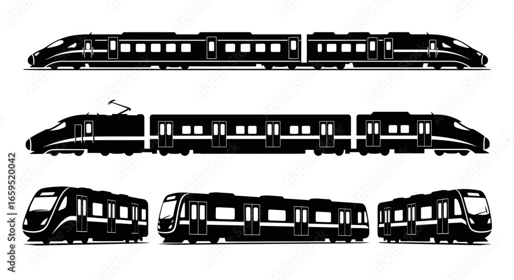 Three different train silhouettes, including high-speed rail and subway ...