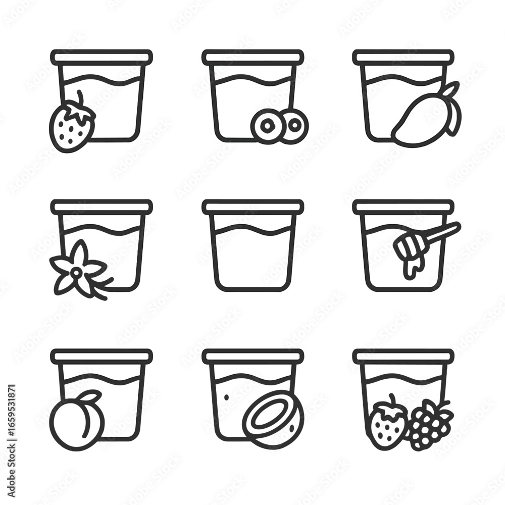 Yogurt Flavors Icons. Outline icon set of yogurt flavors and varieties ...