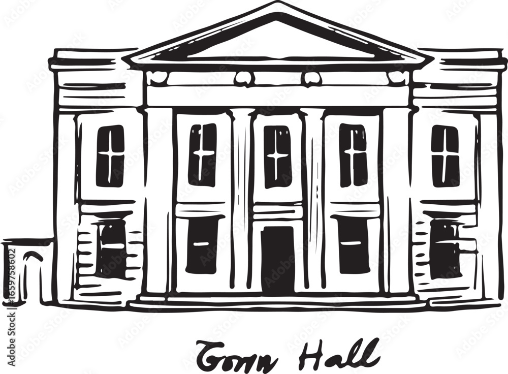 Ink drawing of Salford Town Hall in England, neoclassical architecture ...