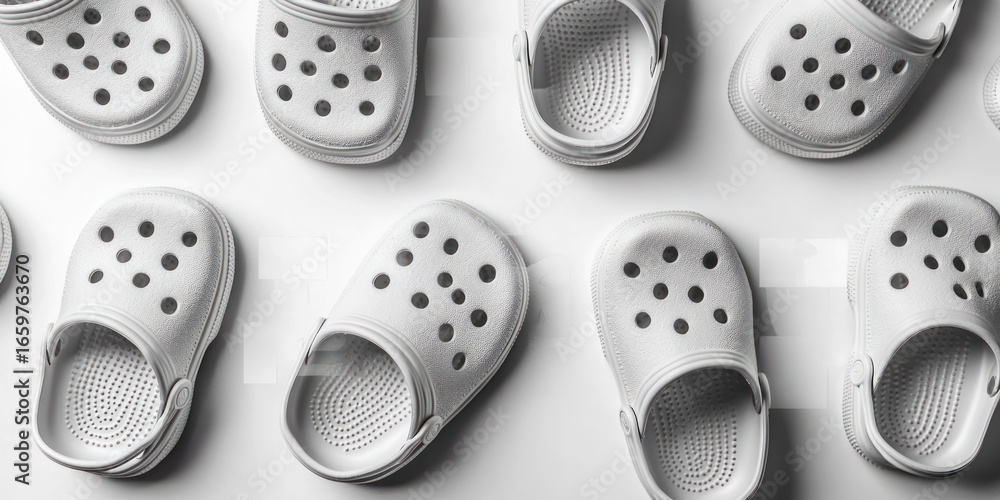 A row of white Crocs clogs are arranged on a white surface. The image ...