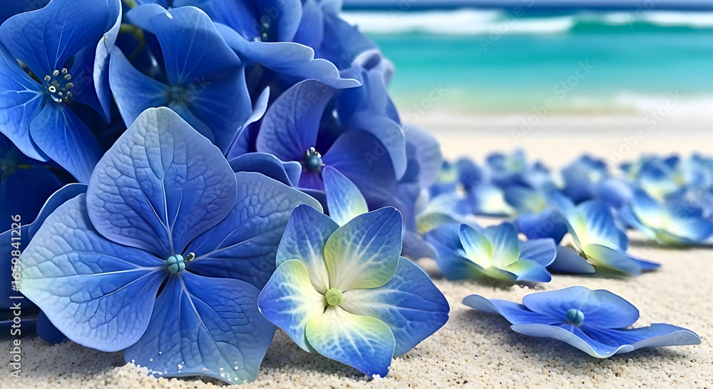 Vibrant Blue Hydrangea Flowers on Sandy Beach with Ocean Waves in ...