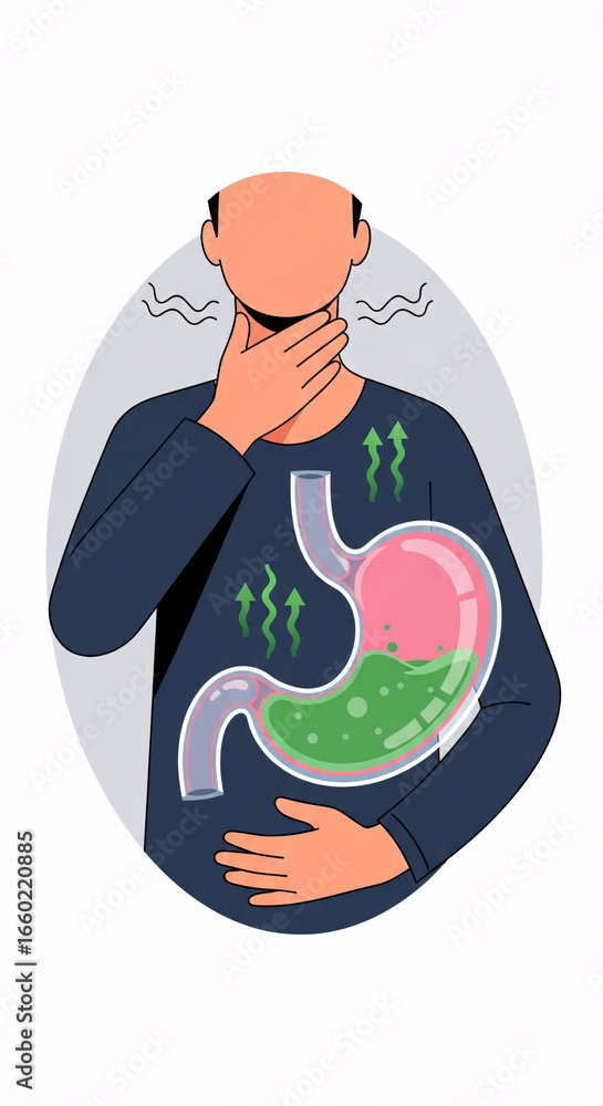 Medical illustration of acid reflux showing stomach acid rising to ...