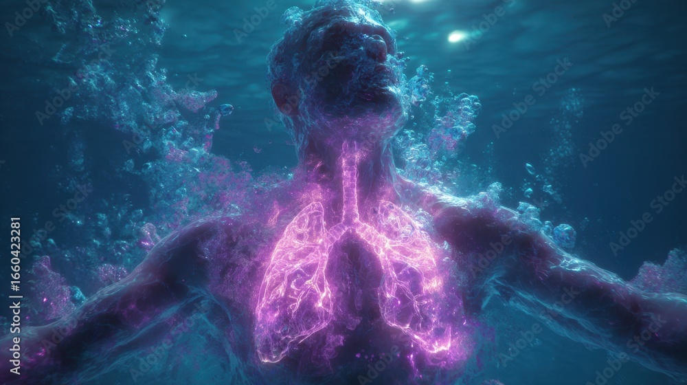 Medical visualization revealing swimmer's respiratory process while ...