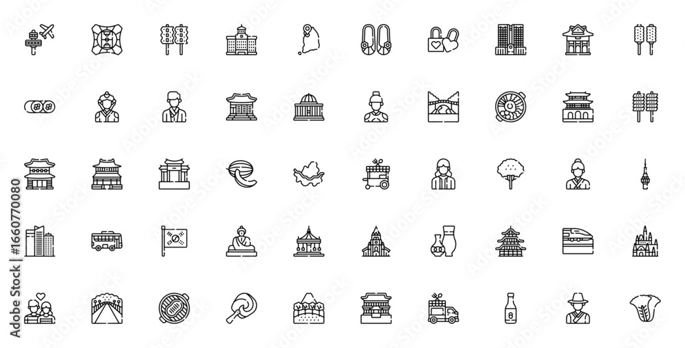 Seoul_6134 icon set. Korean culture vector symbols. Features landmarks ...