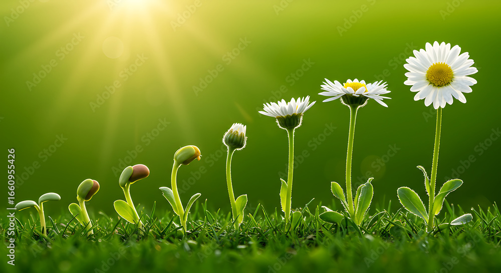 Stages of development and growth of a daisy on green background with ...