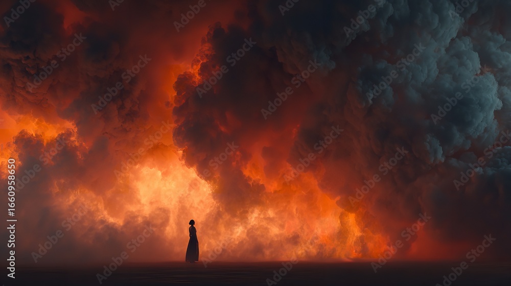 Dramatic lady standing before inferno of flames in epic, surreal ...