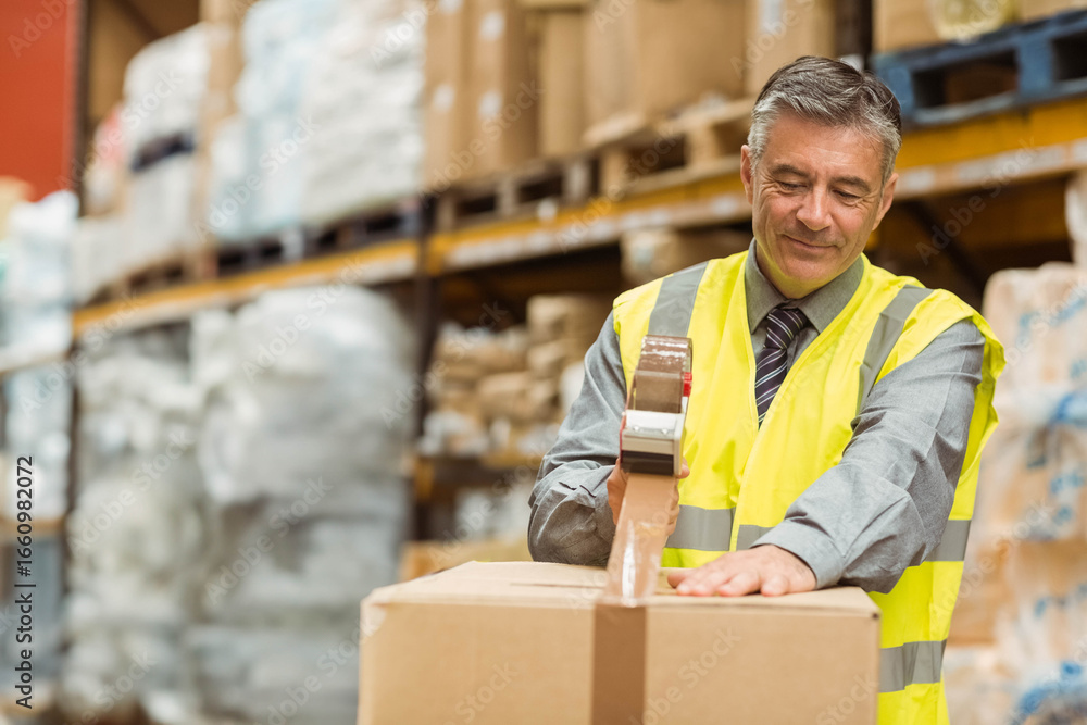 Male worker wearing vest using tape dispenser sealing cardboard box at ...
