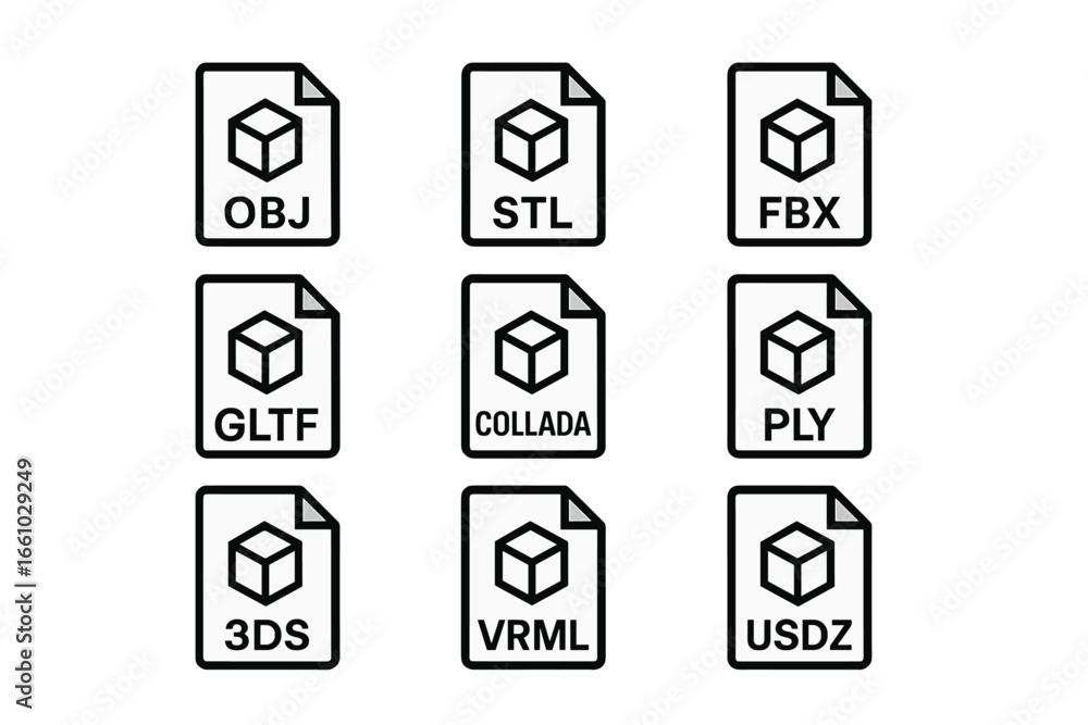 Set of 3D file format icons. Vector line symbols for OBJ, STL, FBX ...