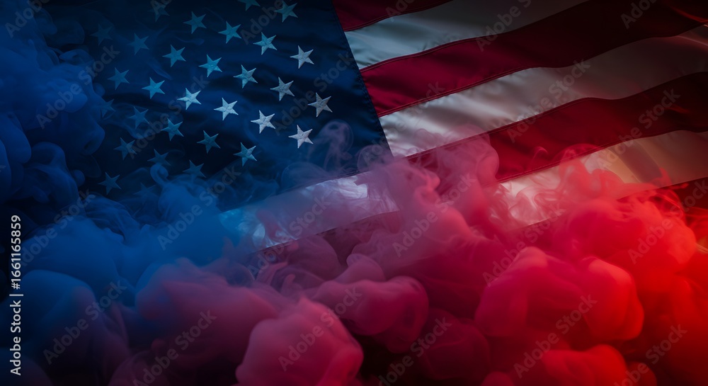 Abstract red white and blue smoke swirls over american flag 素材庫相片 ...