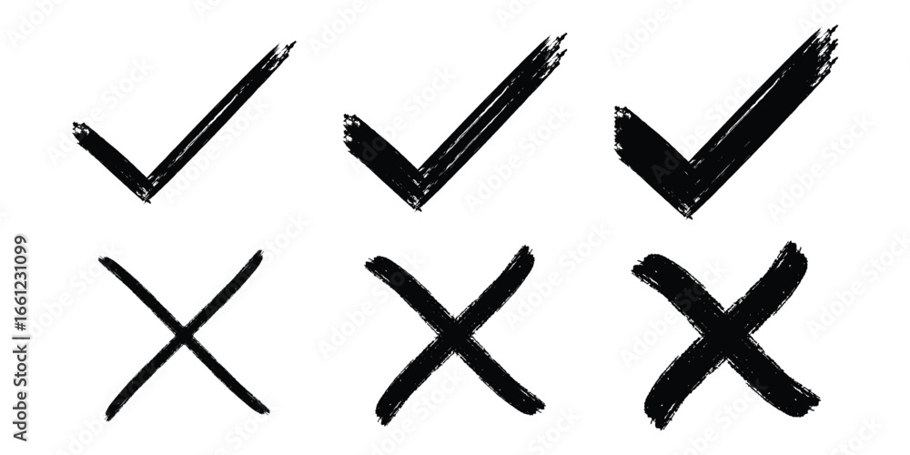 Vector set of check marks and cross marks in hand drawn brush style ...