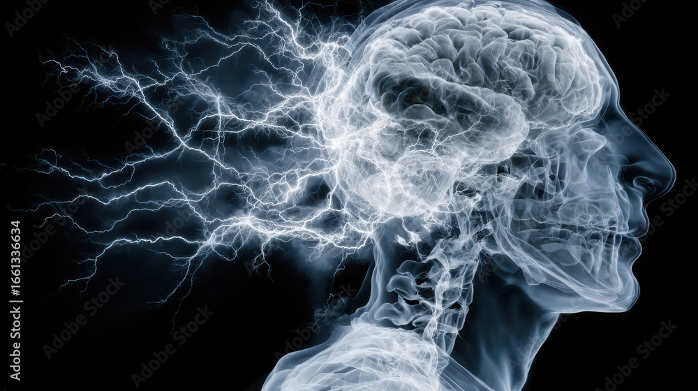 Ilustrace Electric pulses racing through brain structure in glowing x ...