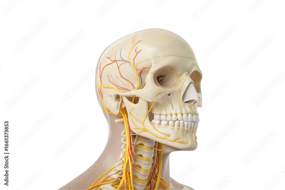 Lateral view skull model with nerve pathways, blood vessels, and ...