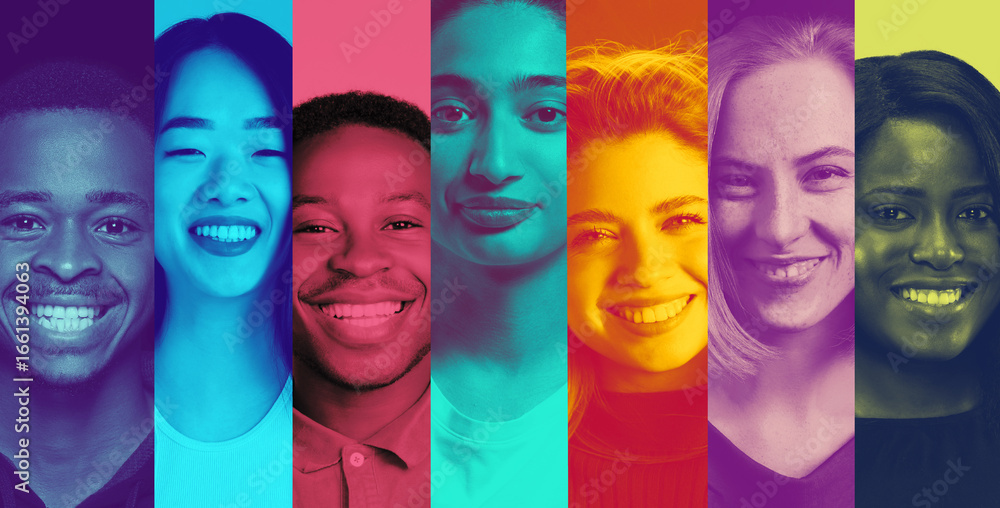 Artistic lineup of diverse people with positive emotion in multicolor ...