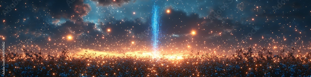 God of code and genome light towering in field of synthetic stars and ...