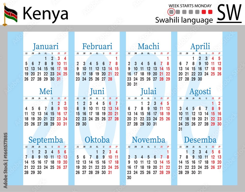 Kenya horizontal Pocket calendars for 2026. Week starts Monday Stock ...