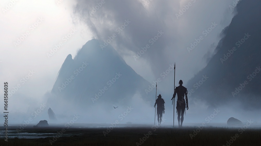 Two shadowy ancestral figures walking parallel paths across a ...