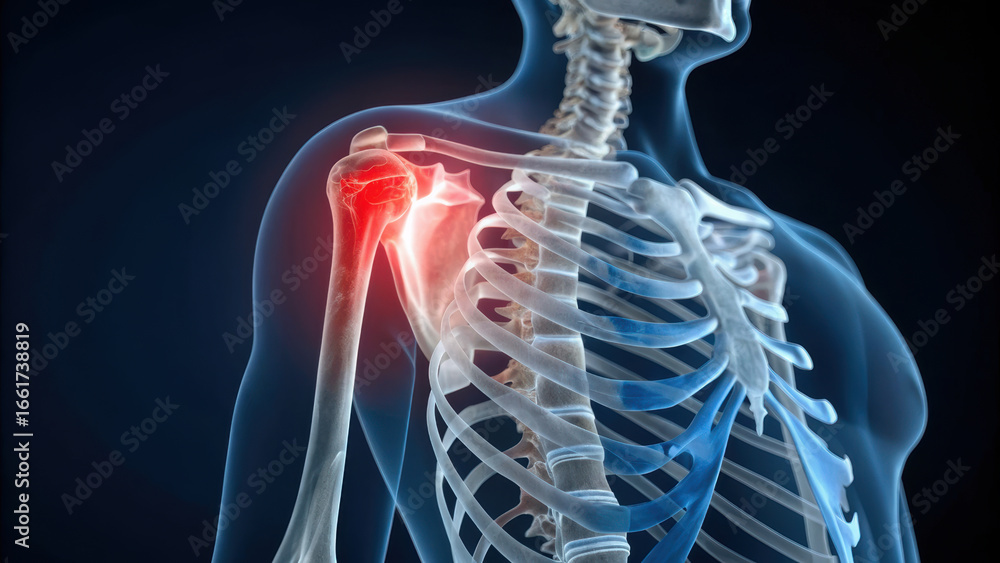 Human skeleton with highlighted shoulder joint, illustrating pain or ...