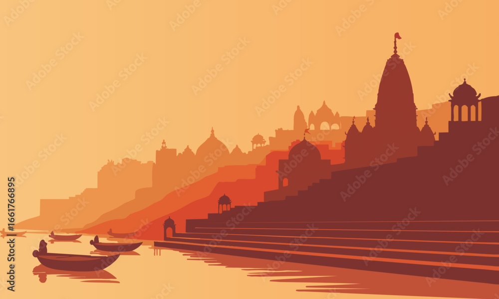Varanasi silhouette vector design in the shades of orange. Stock Vector ...
