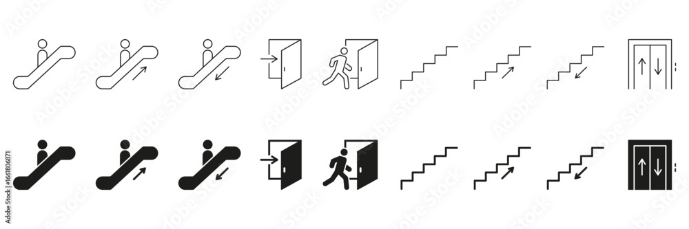 Escalator, Door, Stairs and Elevator Direction Icons. Navigation And ...